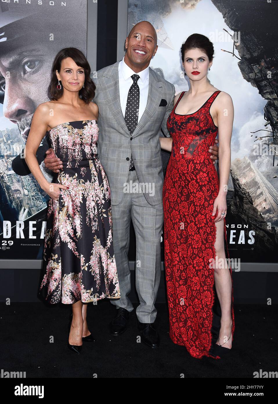 Carla Gugino, Dwayne Johnson and Alexandra Daddario attending the "San Andreas" premiere held at ...