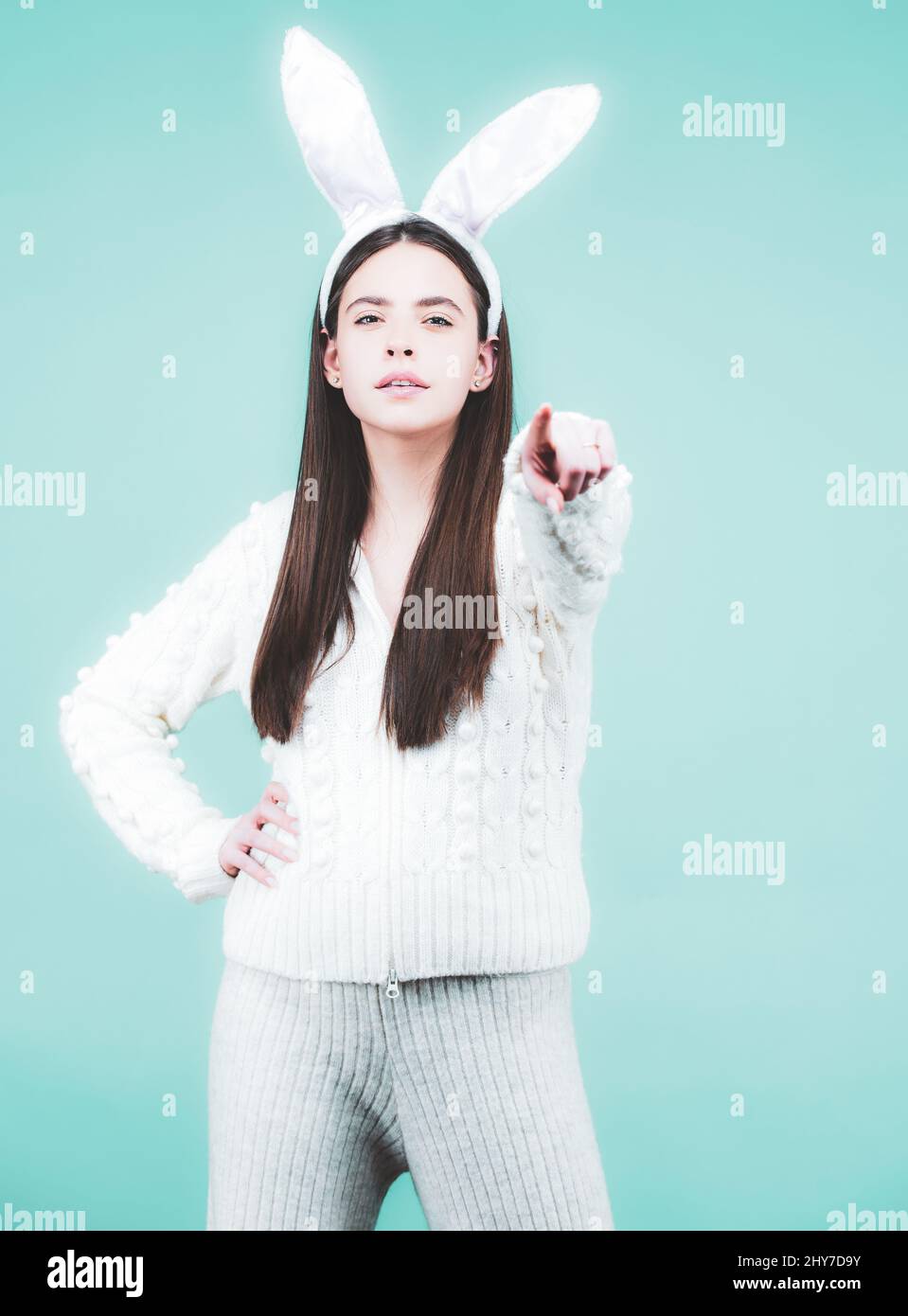 Model dressed in costume Easter bunny. Bunny girl celebrating easter on ...