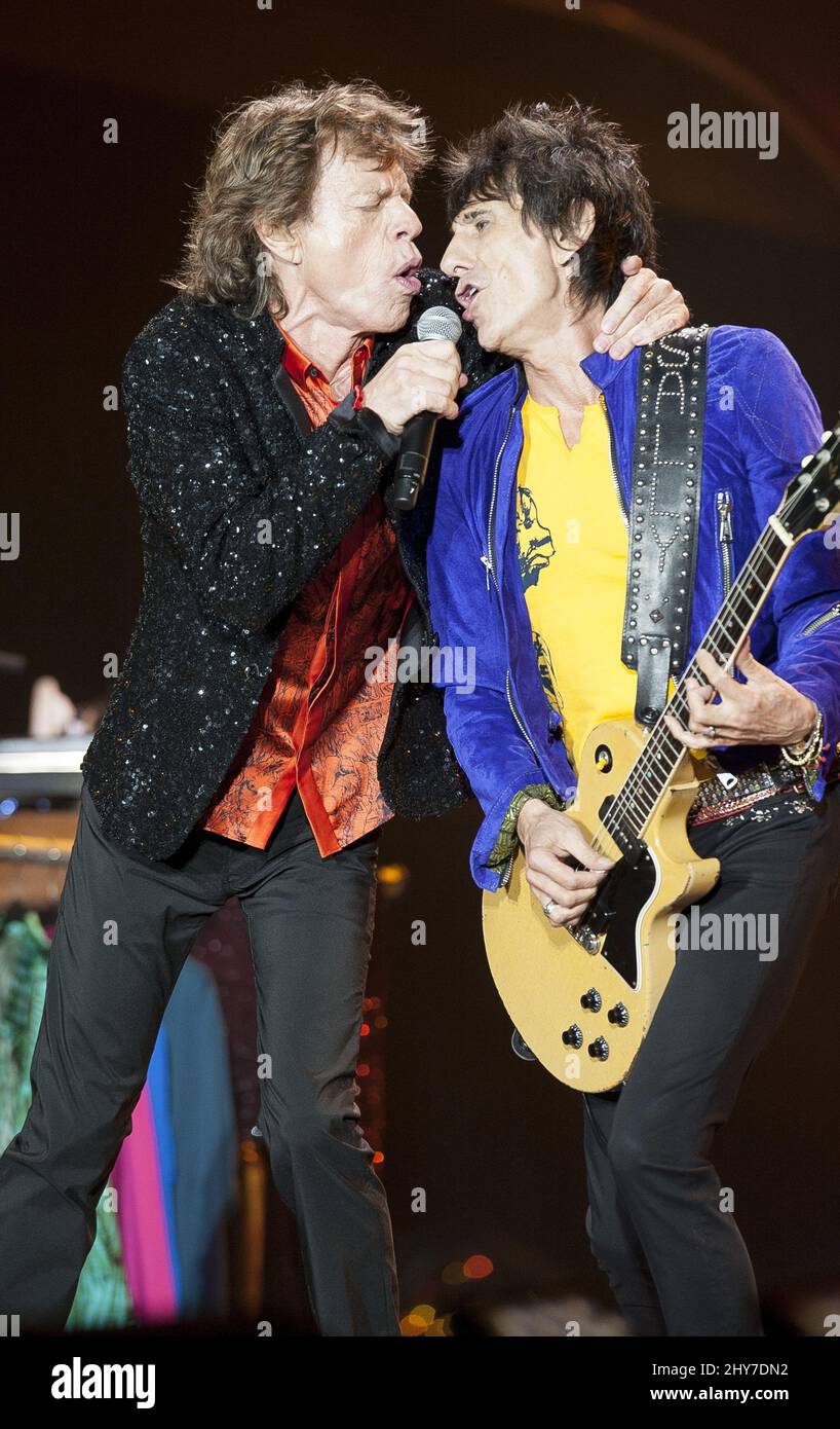 Mick Jagger, Ronnie Wood performs during The Rolling Stones 2015 Zip ...