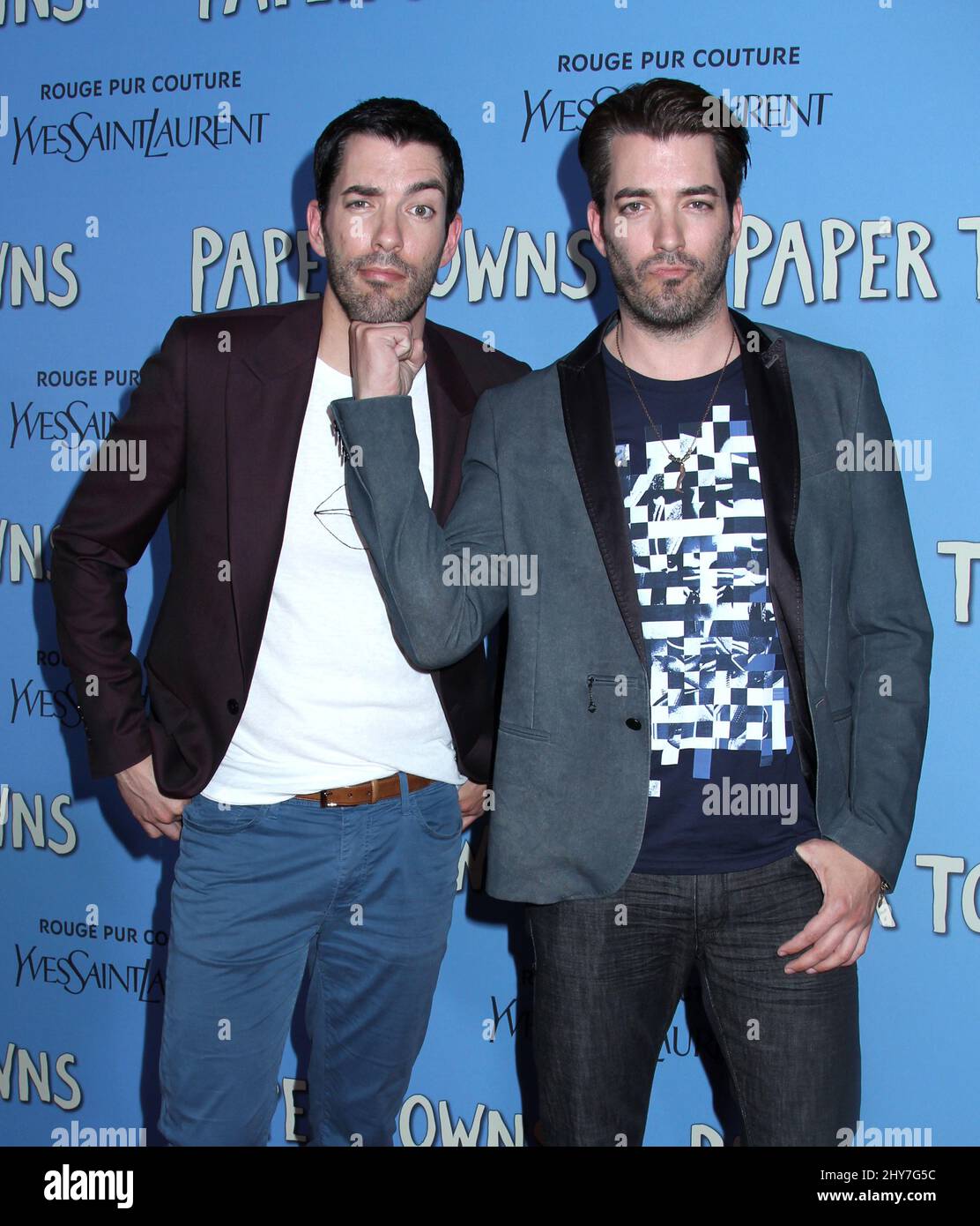 Drew Scott and Jonathan Scott attending the premiere of Paper Towns in ...