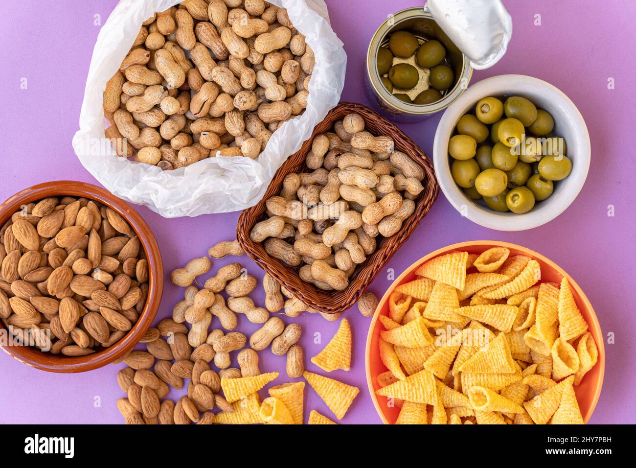 Top view of assorted snacks on a table Stock Photo - Alamy
