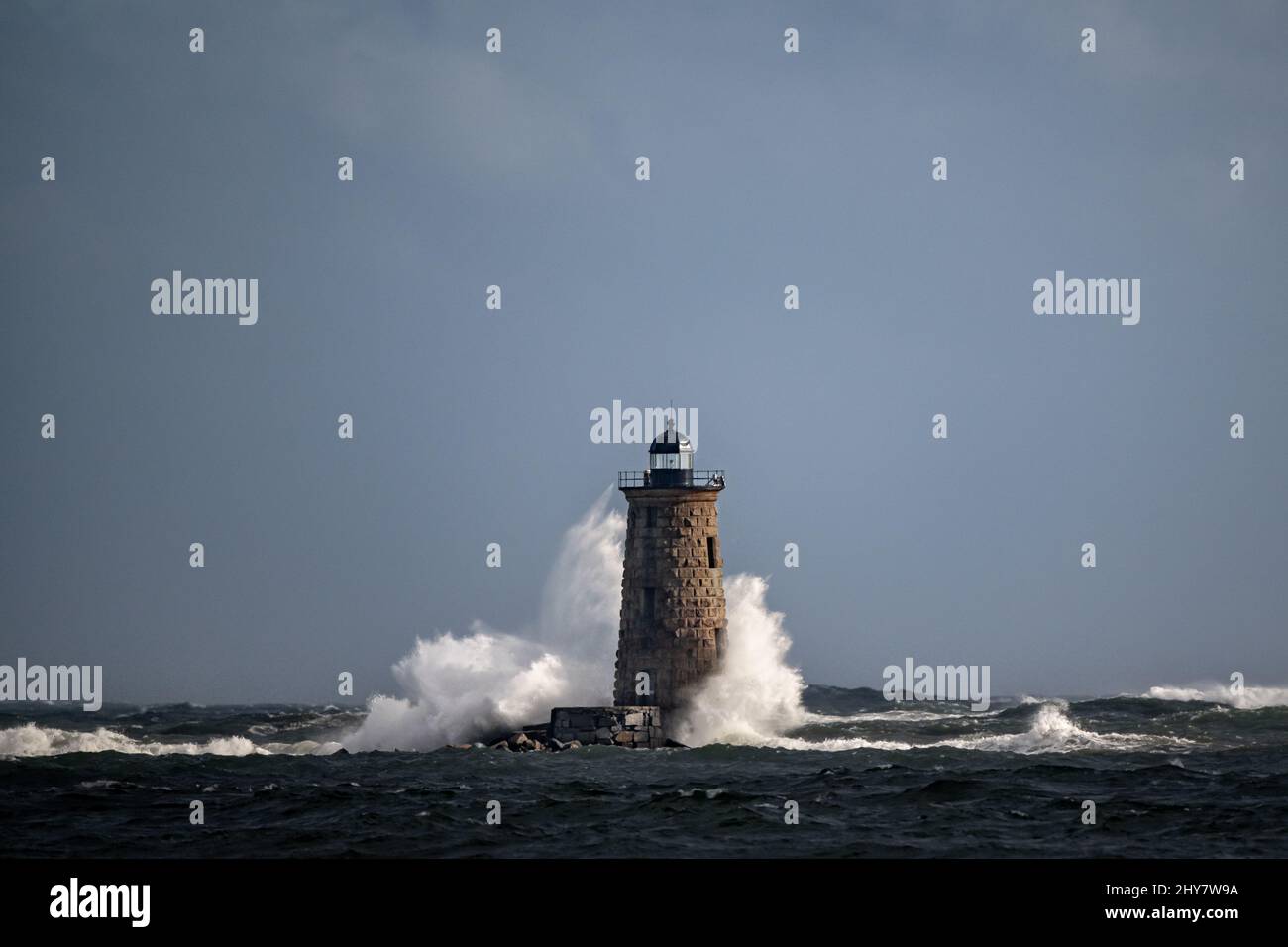 View of waves crash onto Whaleback Light, Lighthouse in Portsmouth, New ...