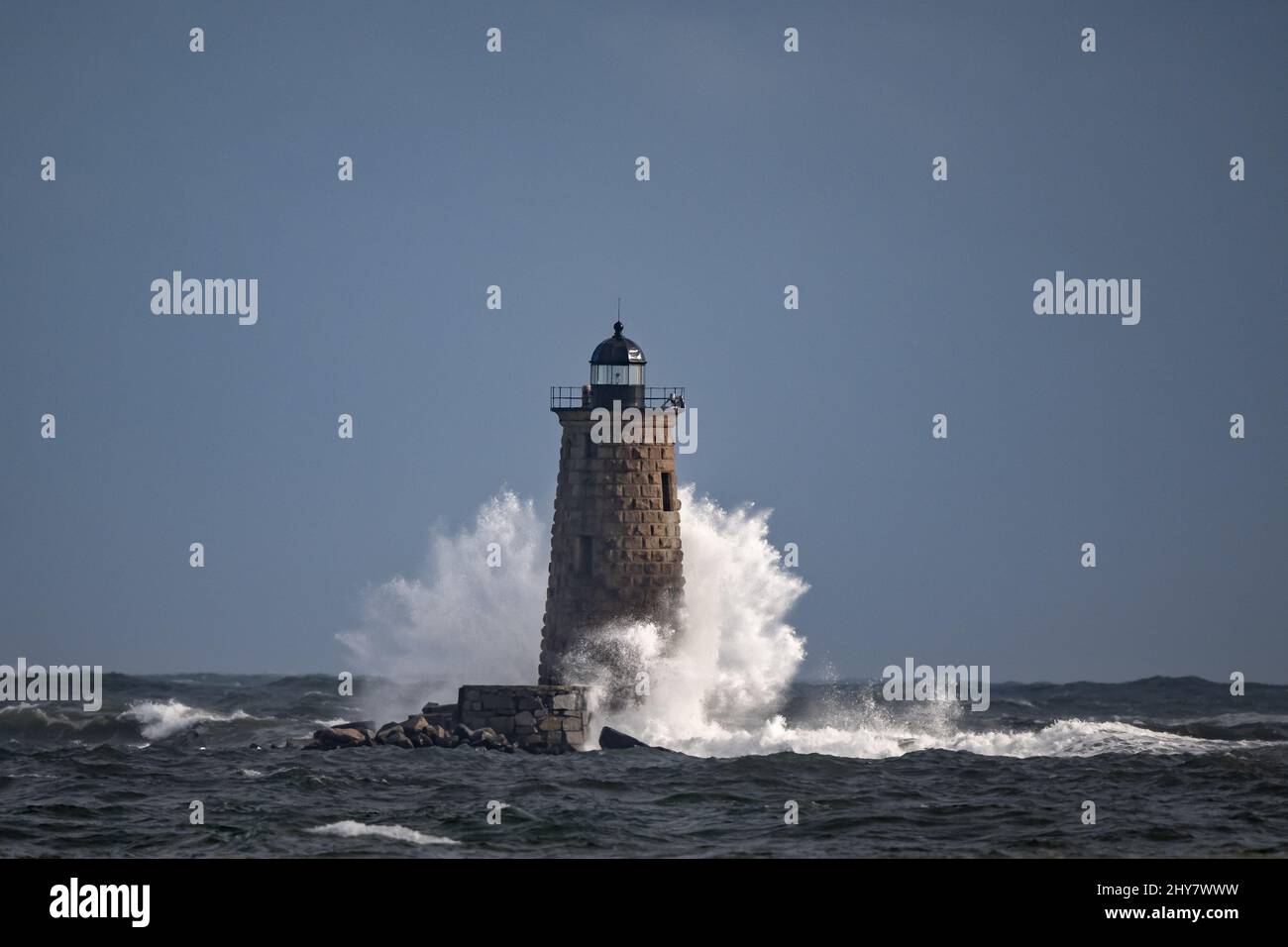 View of waves crash onto Whaleback Light, Lighthouse in Portsmouth, New ...