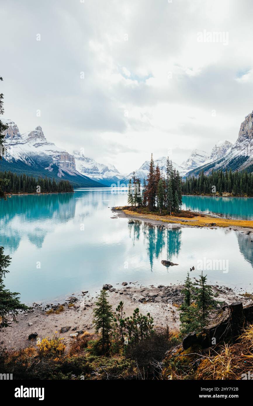 Vertical scenic view of a lake reflecting the dense forests and the ...