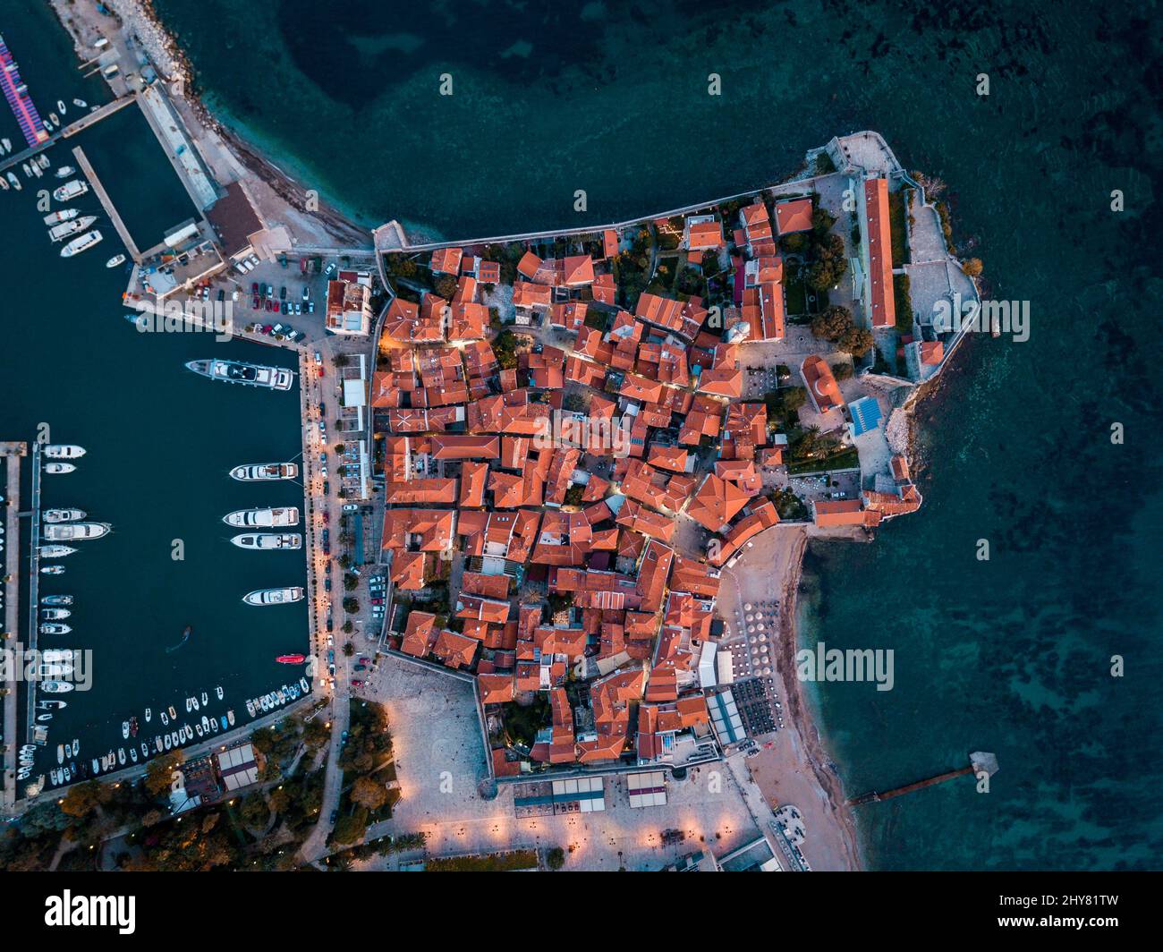 Aerial view of the Budva Old Town, Historical landmarks in Montenegro ...