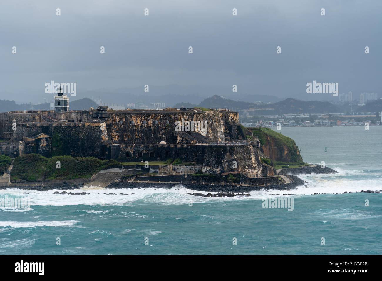Distant view of the ocean with buildings on the background in San Juan ...