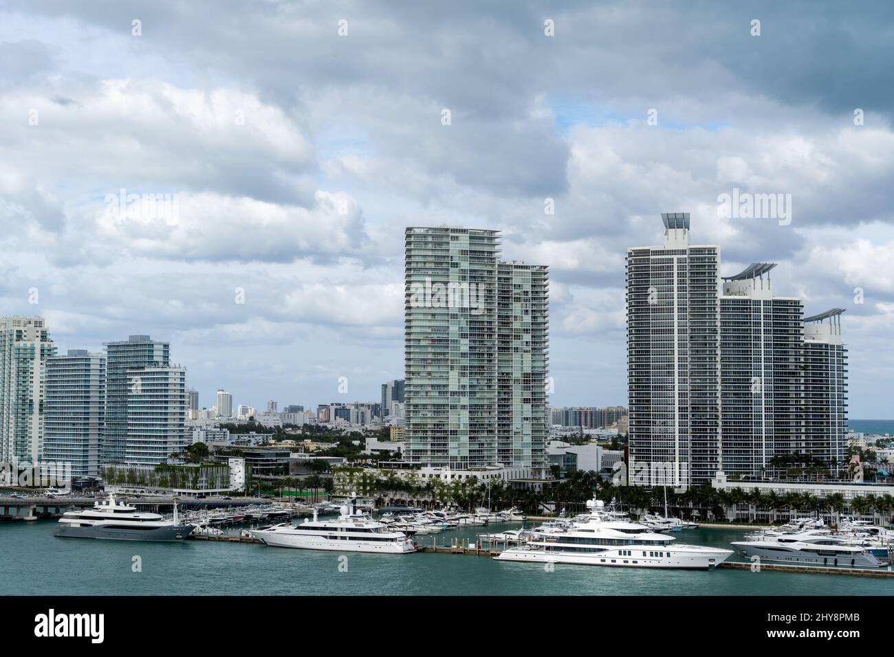 Miami cityscape. The view of the ships in the harbor. Florida, United ...
