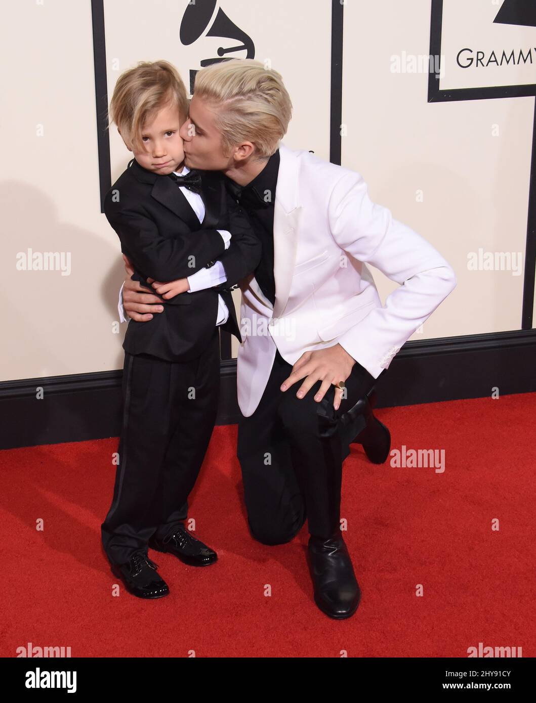 Justin Bieber and Jaxon Bieber arriving at the 58th Annual Grammy ...