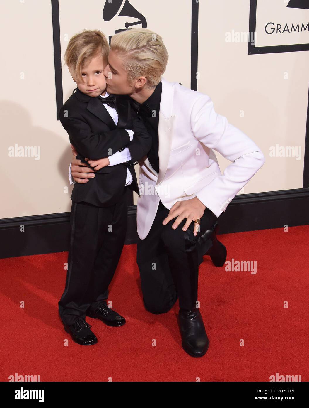 Justin Bieber and Jaxon Bieber arriving at the 58th Annual Grammy ...