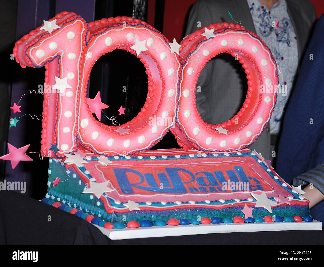 A cake celebrating 100 episodes of RPDR is on display during RuPaul's ...