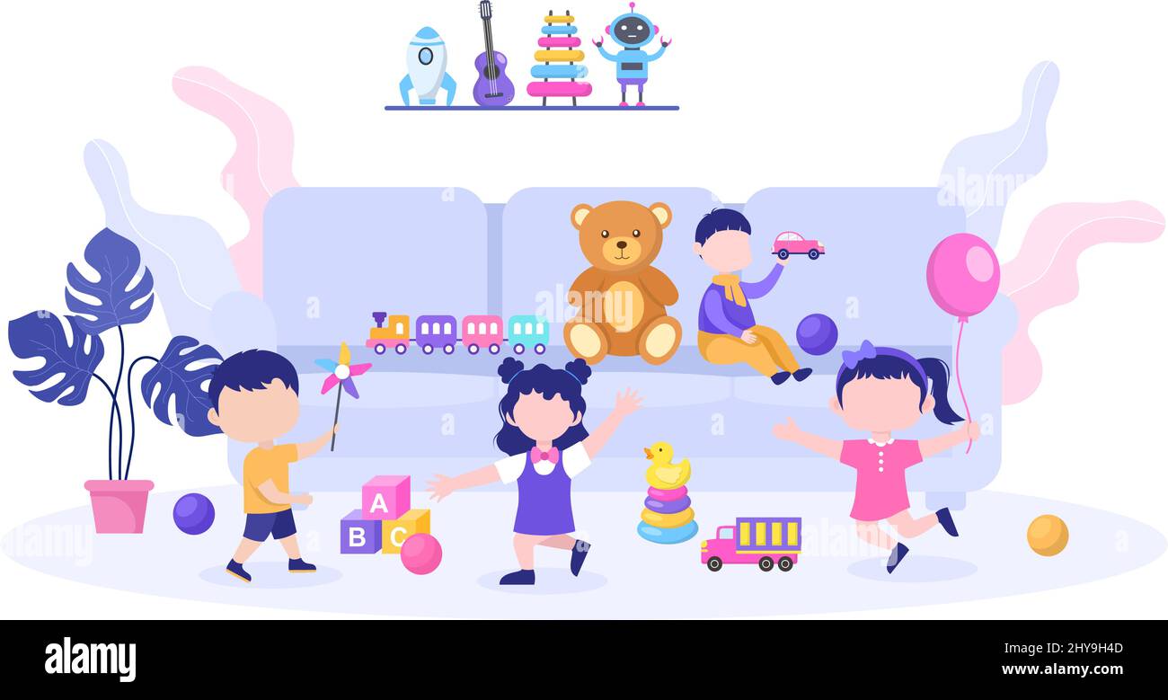 Cute Children Playing with Various Toy at Kindergarten in Flat Cartoon ...