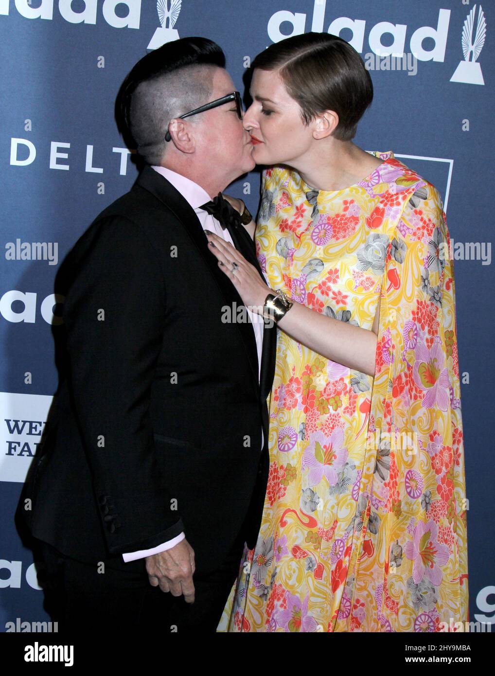 Lea DeLaria and fiance Chelsea Fairless attending the 27th annual GLAAD ...