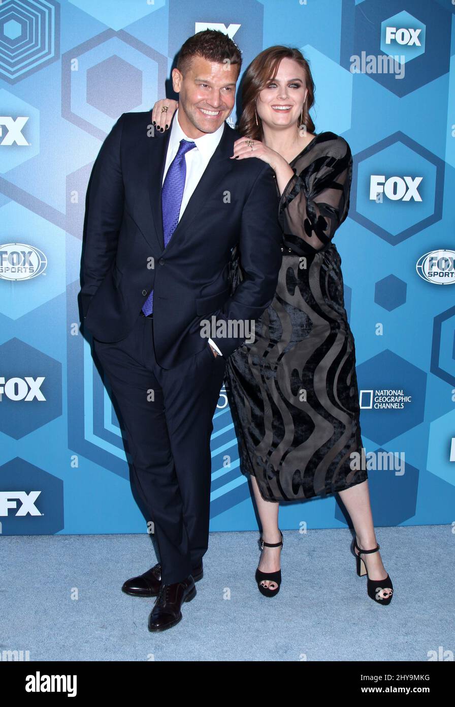 David Boreanaz and Emily Deschanel attending the FOX Networks 2016 Upfront Presentation held at ...