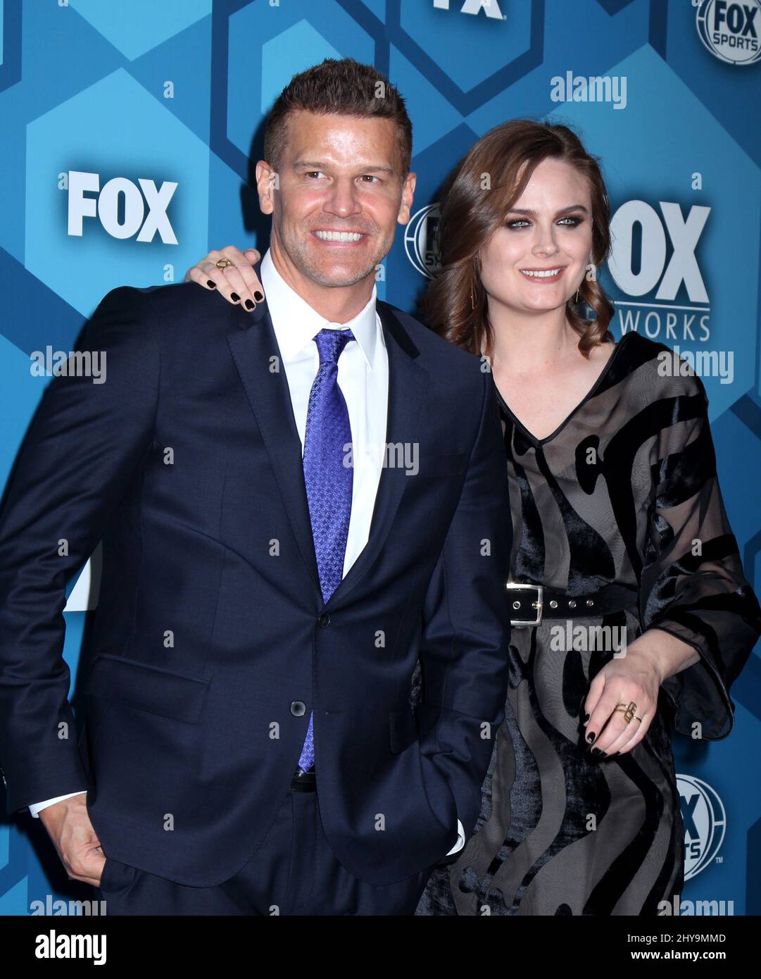 David Boreanaz and Emily Deschanel attending the FOX Networks 2016 Upfront Presentation held at ...