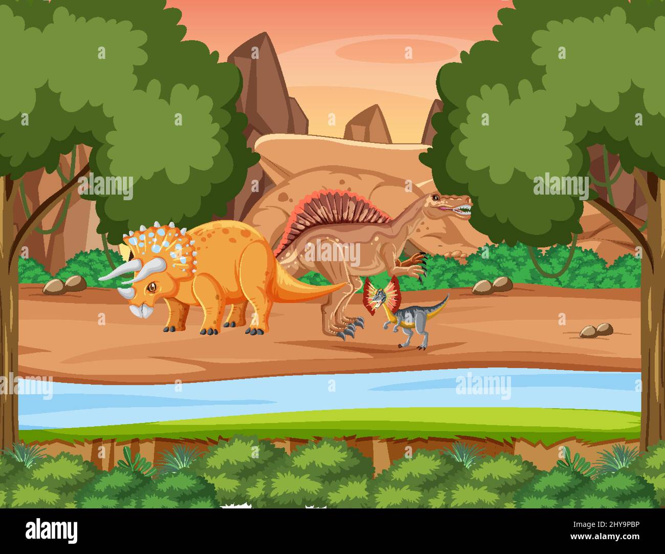 Nature scene with trees on mountains with dinosaur illustration Stock ...
