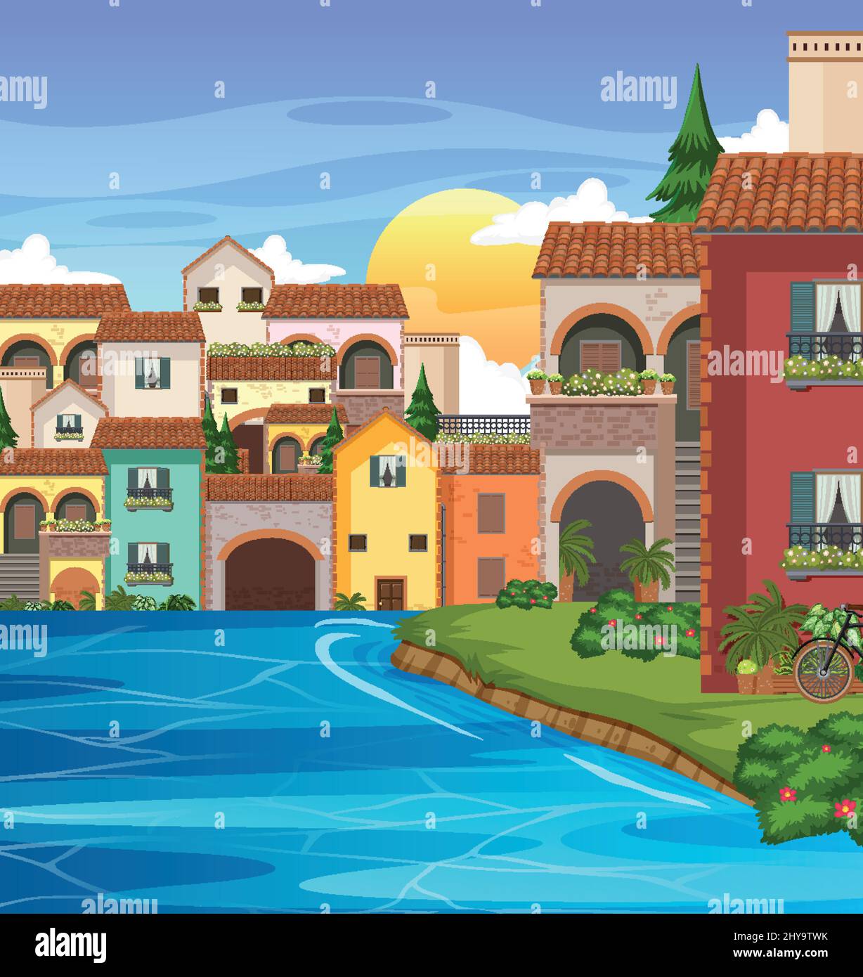 Italy town style house and building landscape illustration Stock Vector ...