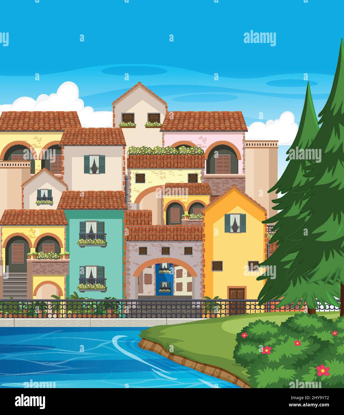 Italy town style house and building landscape illustration Stock Vector ...