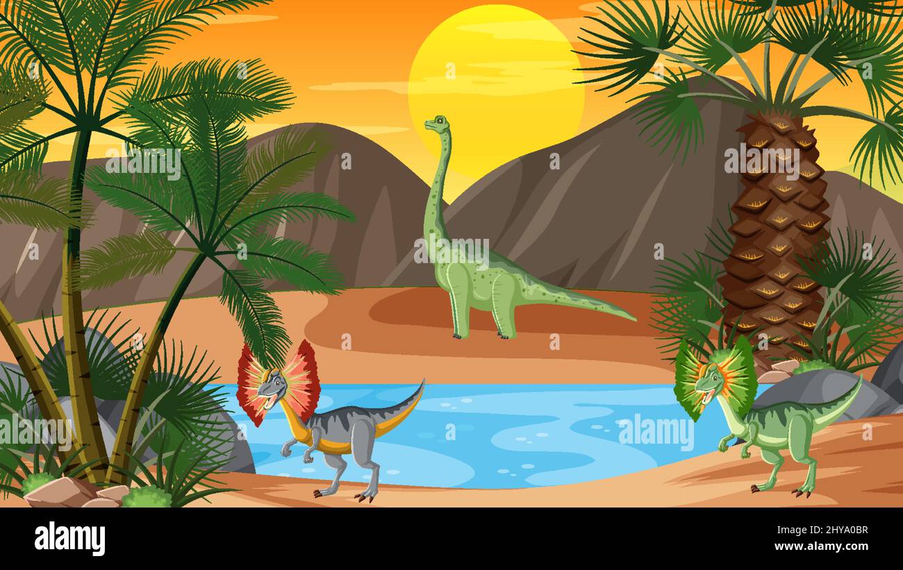 Prehistoric forest background with dinosaur cartoon illustration Stock ...