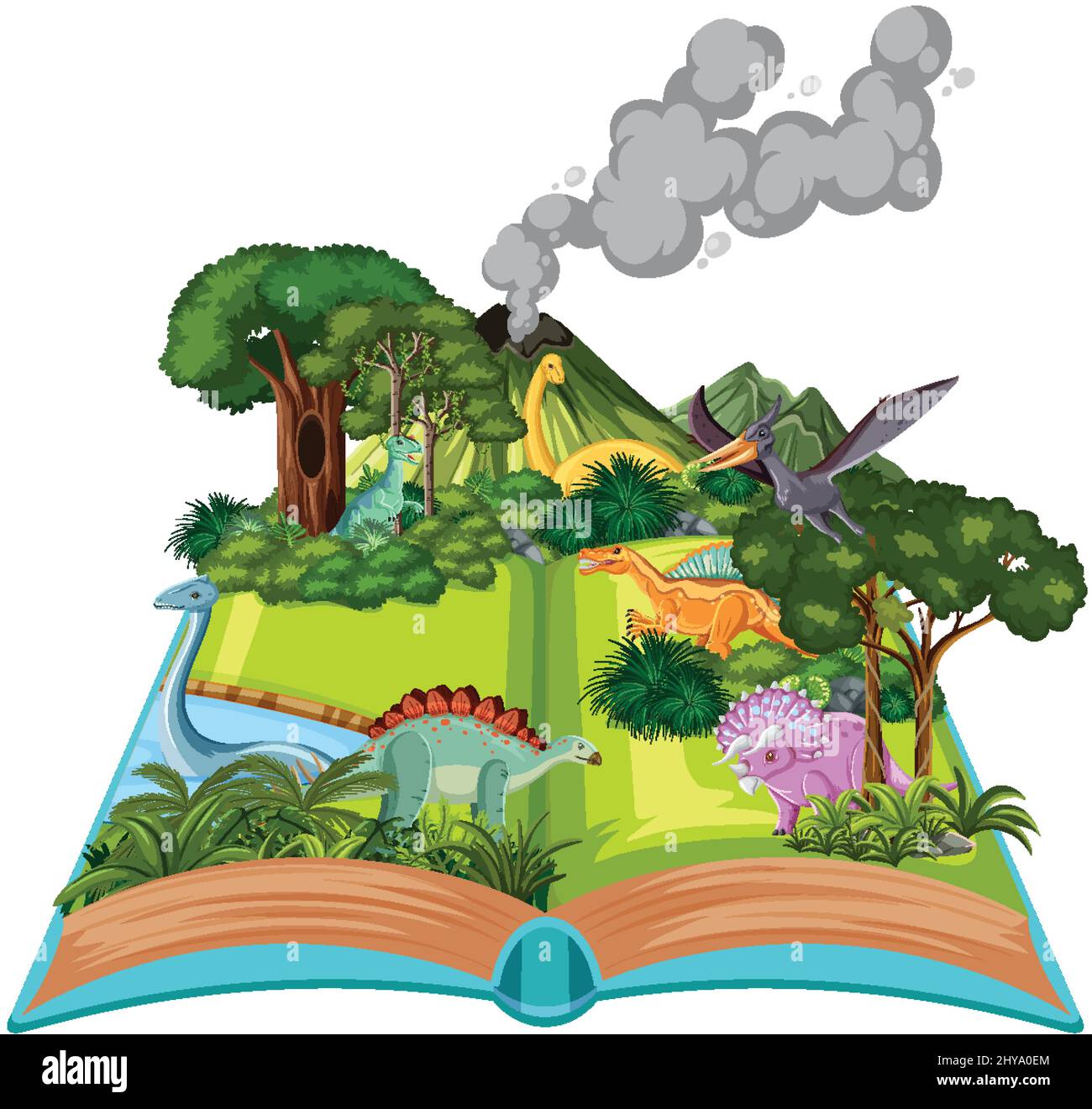 Pop up book with outdoor nature scene and dinosaur illustration Stock ...
