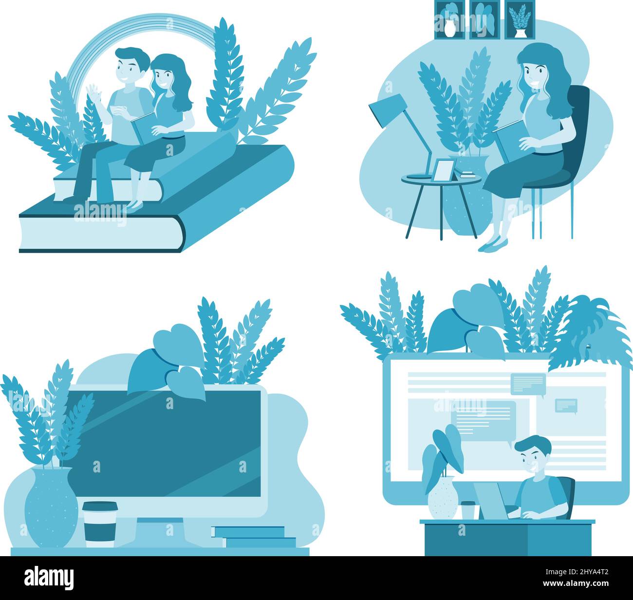 Four scenes of people working at home illustration Stock Vector Image ...