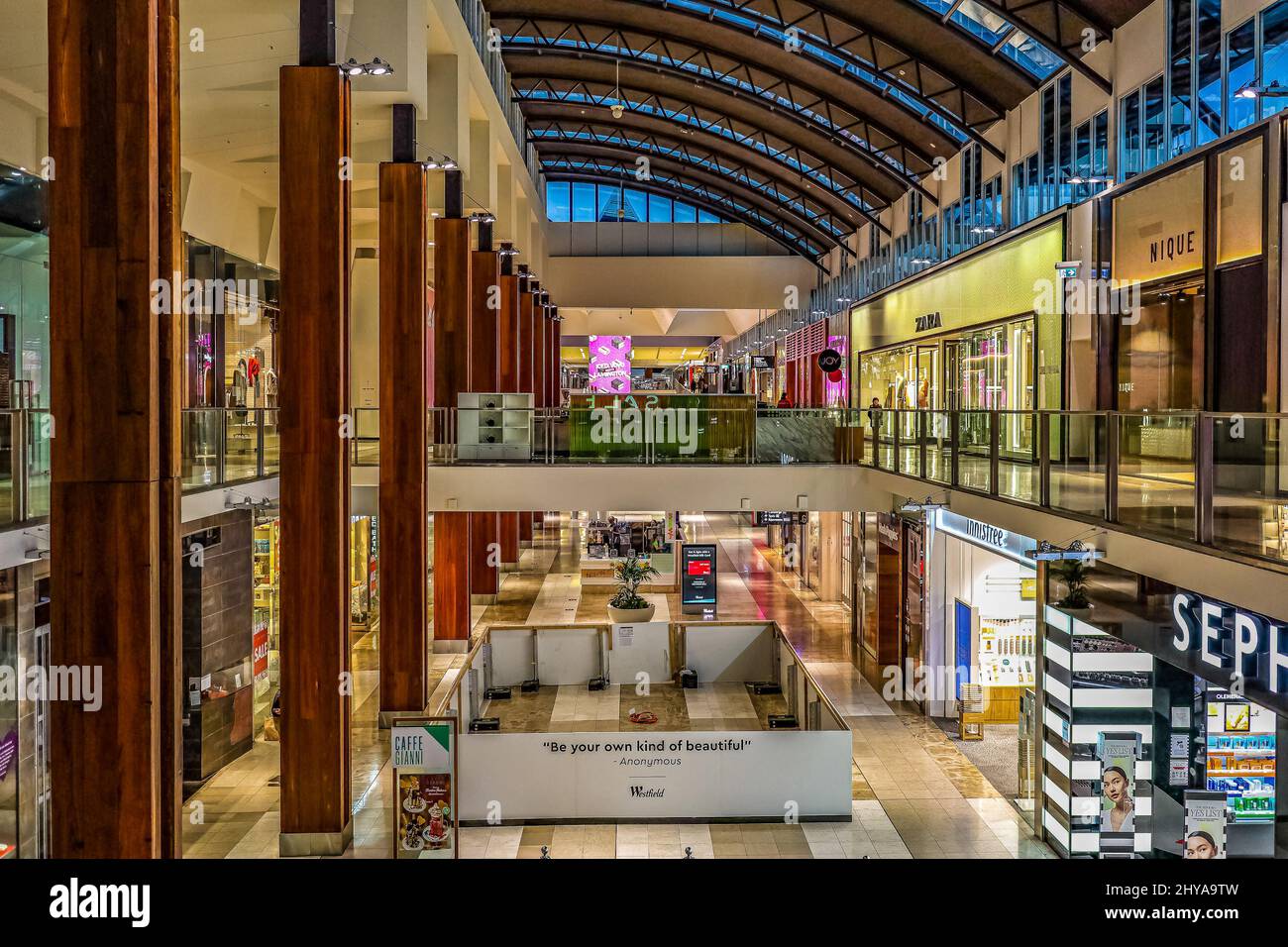 Shot of the inside stores of the Westfield Doncaster shopping center in ...