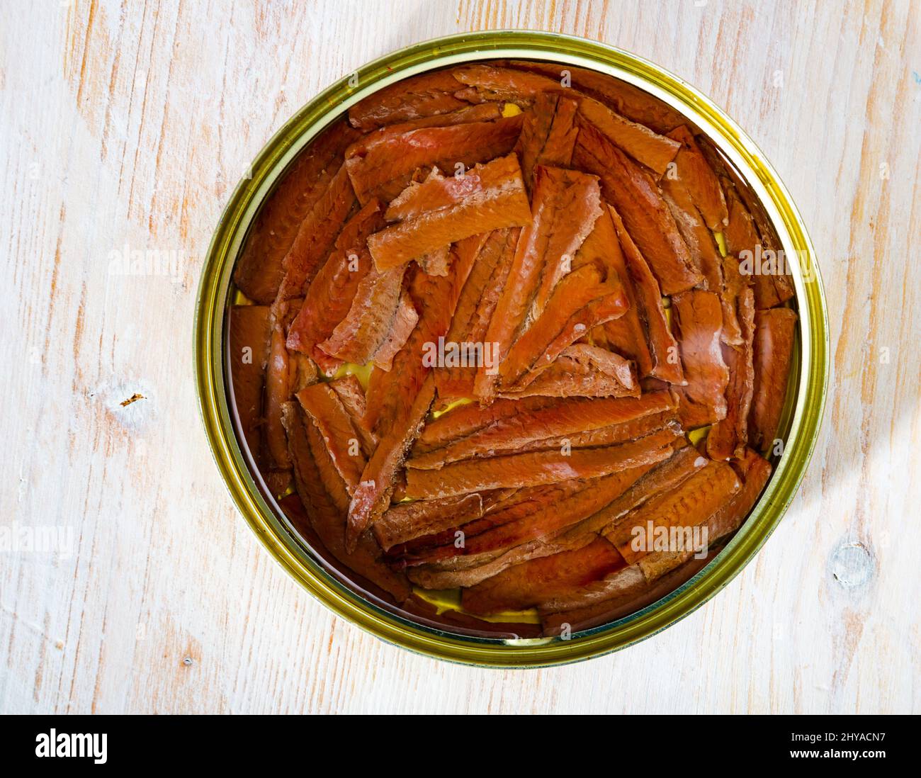 Traditional spanish canned food salted anchovy fillets in oil, nobody ...