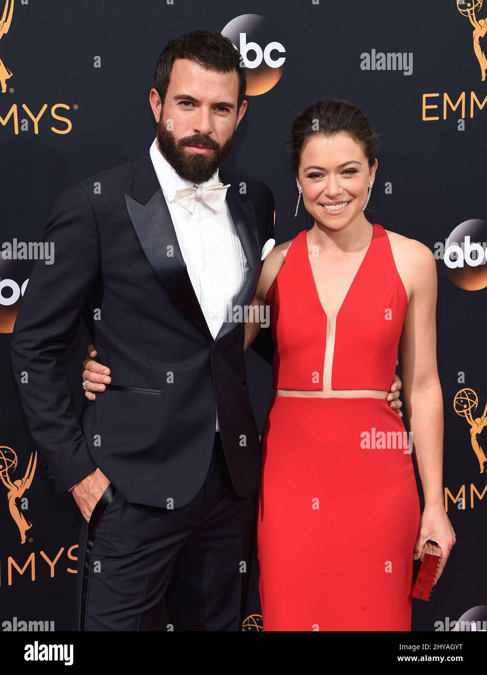 Tim Cullen and Tatiana Maslany arriving for the 68th Primetime Emmy Awards on Sunday, September ...