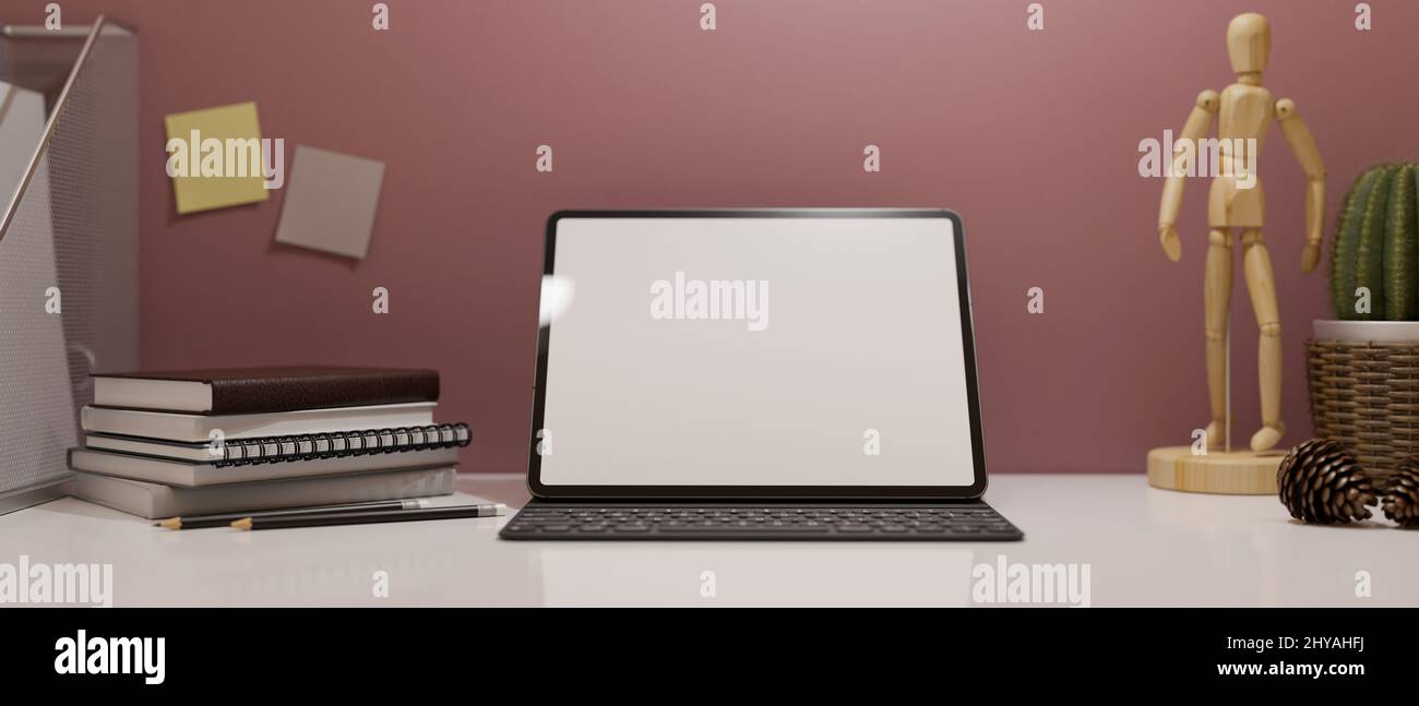 Modern trendy workspace office desk with portable tablet touchpad white ...