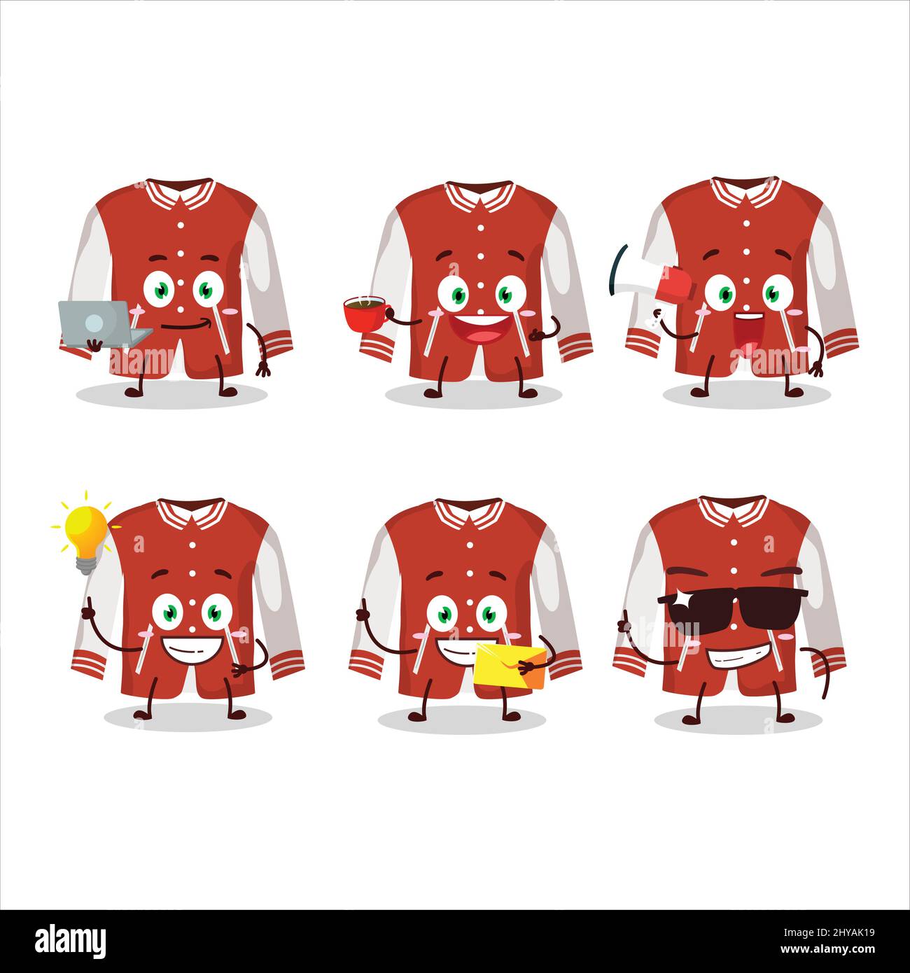 Red baseball jacket cartoon character with various types of business ...