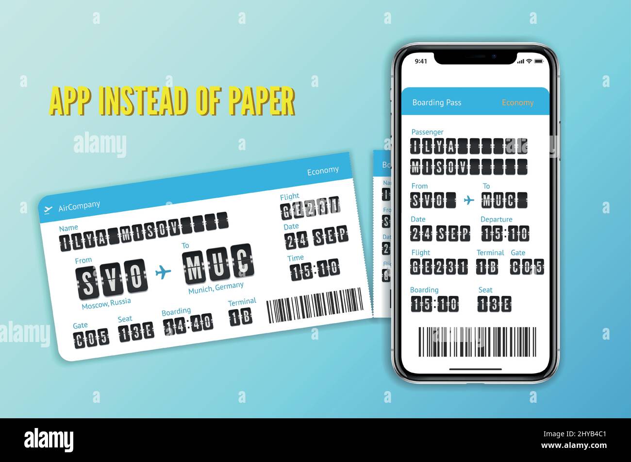 Electronic ticket concept. Mobile app boarding pass template. Online ...