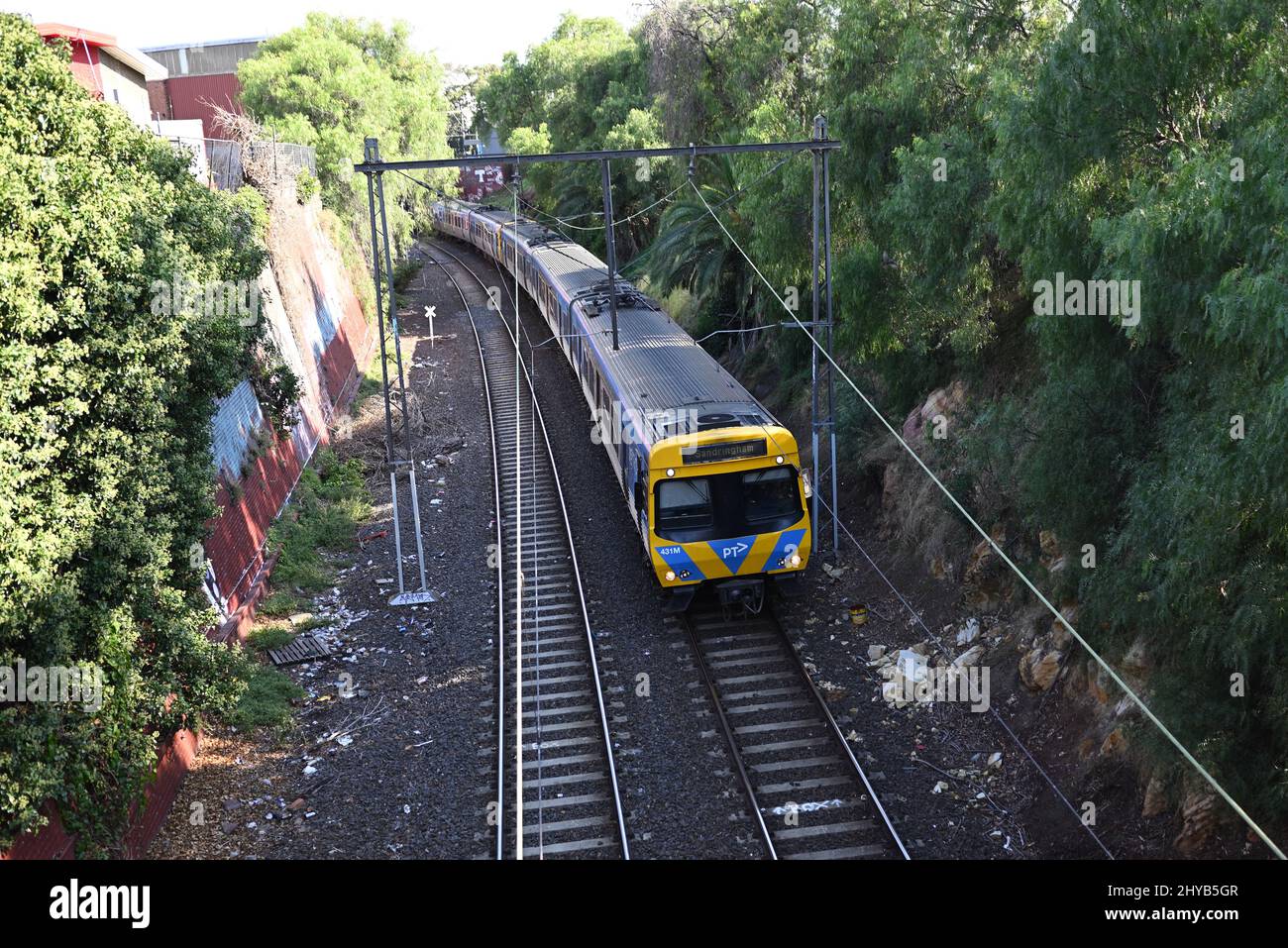PTV branded train, heading towards Sandringham, travels through one of ...