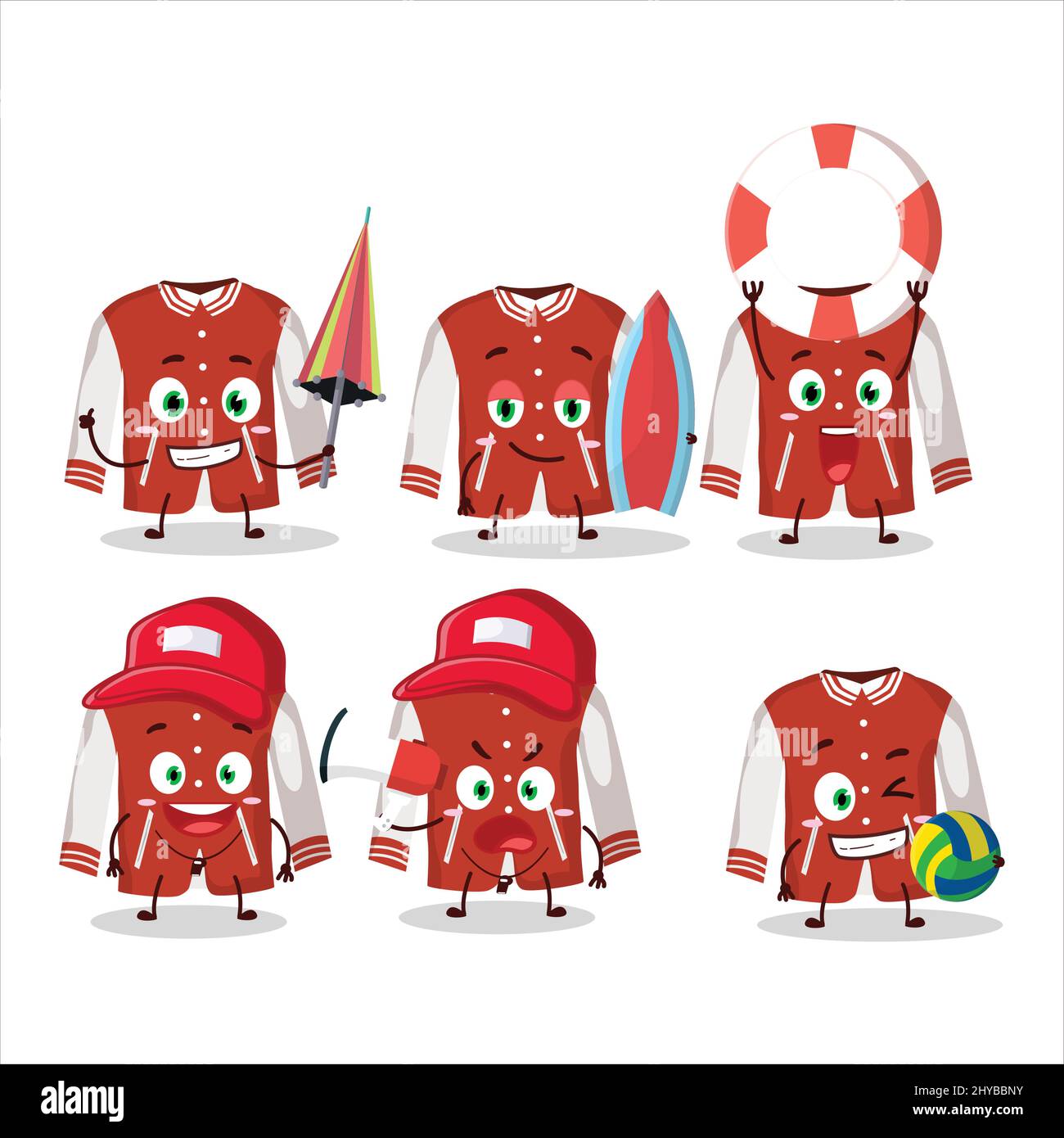 Happy Face red baseball jacket cartoon character playing on a beach ...