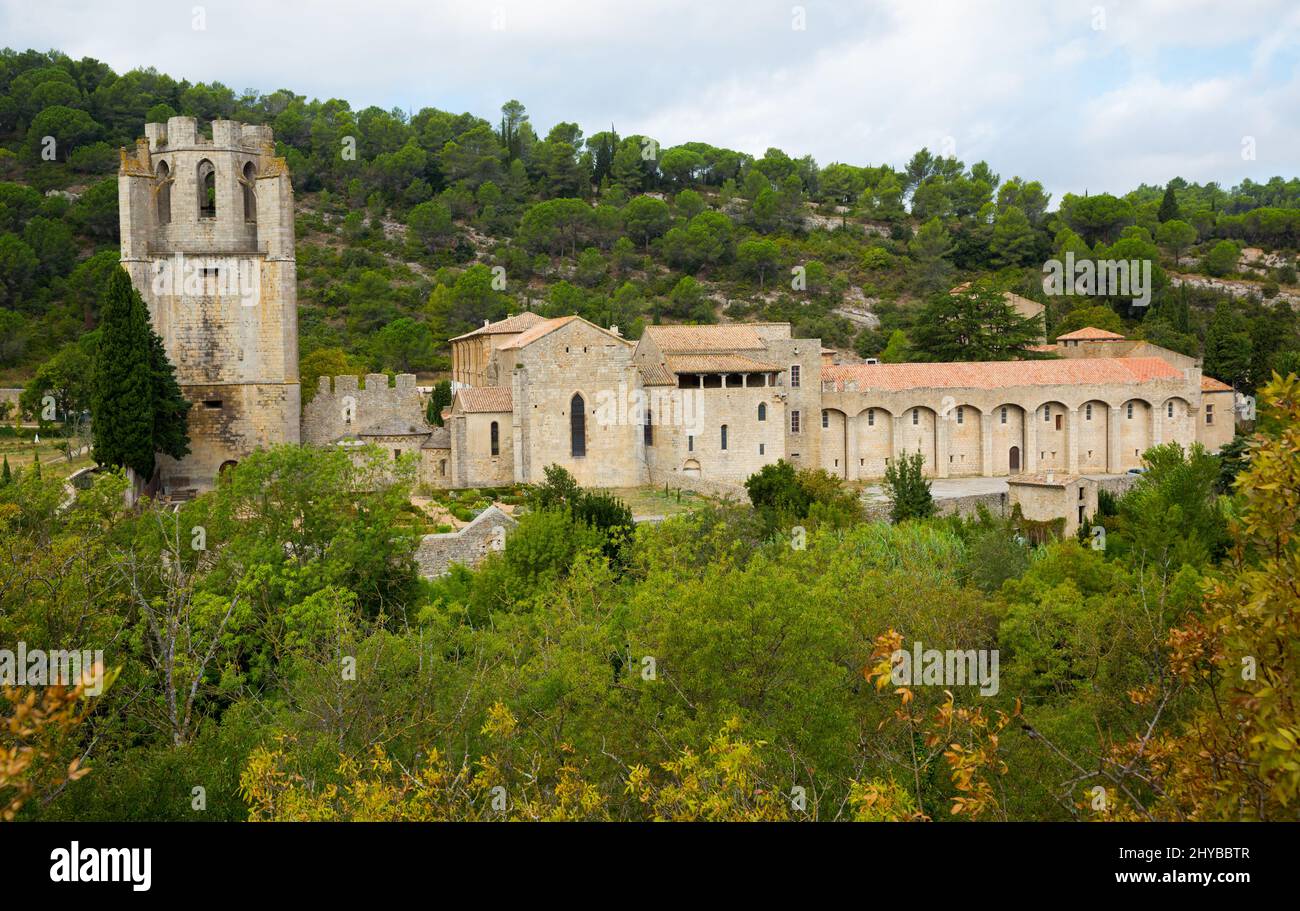 Bell tower of abbey of Saint Mary, Lagrasse Stock Photo - Alamy