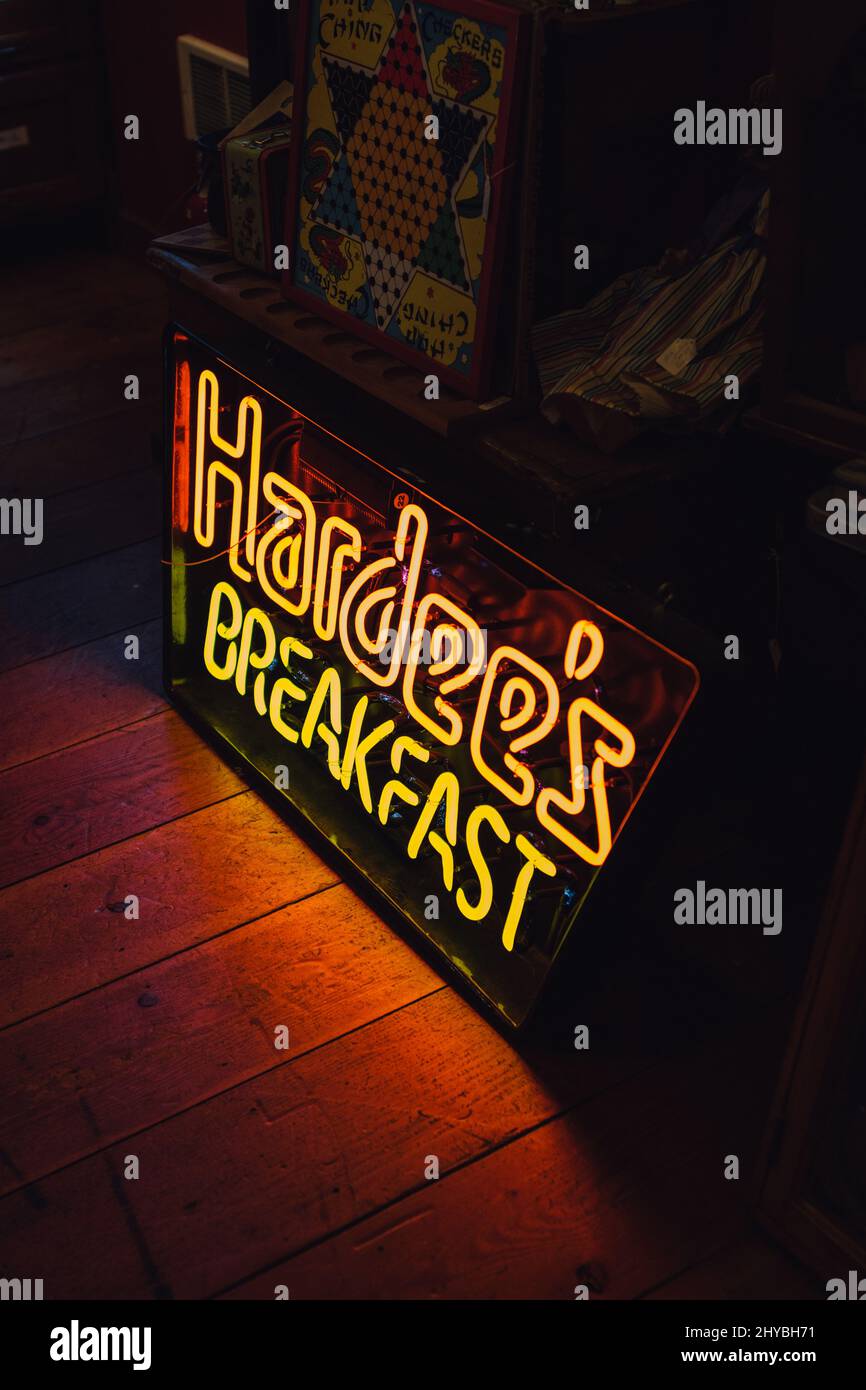 Vintage Hardee's Breakfast neon sign in antique shop Stock Photo - Alamy
