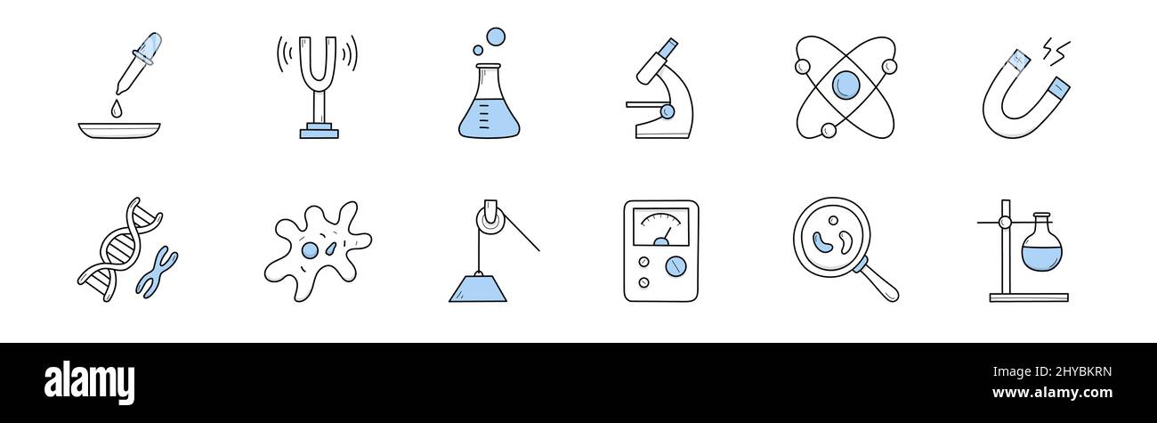 Set of science doodle icons, chemical laboratory equipment and ...