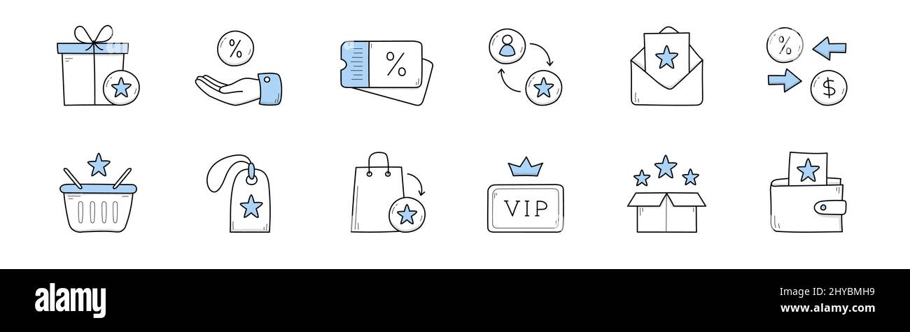 Set of loyalty program doodle icons gift box, hand with percent sign ...