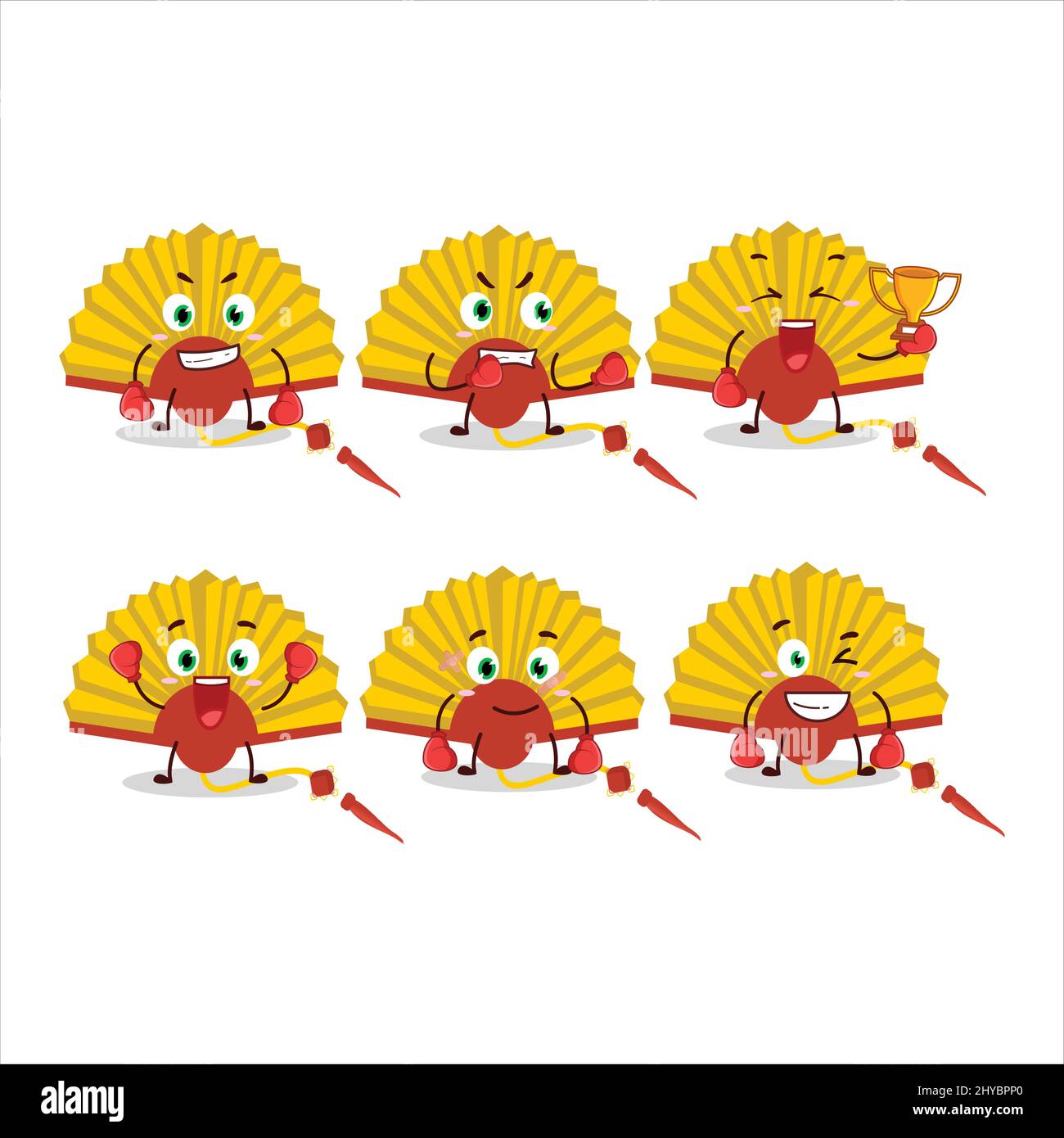 A sporty yellow chinese fan boxing athlete cartoon mascot design ...
