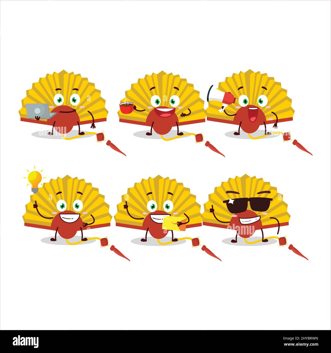 Yellow chinese fan cartoon character with various types of business ...