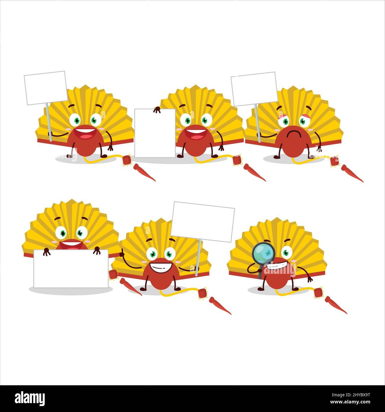Yellow chinese fan cartoon character bring information board. Vector ...