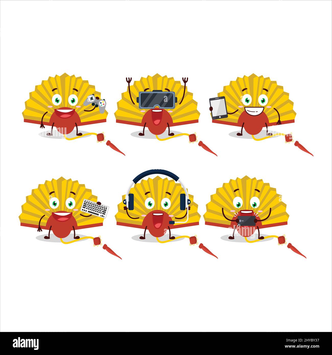 Yellow chinese fan cartoon character are playing games with various ...
