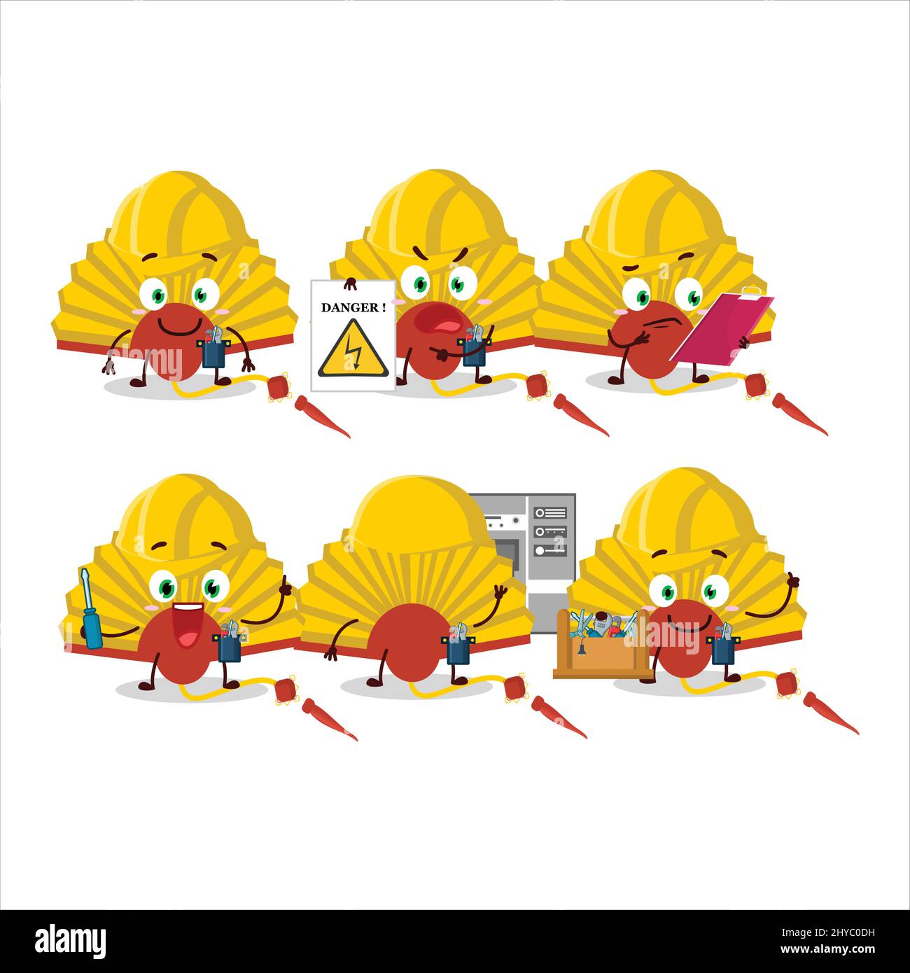 Professional Lineman yellow chinese fan cartoon character with tools ...