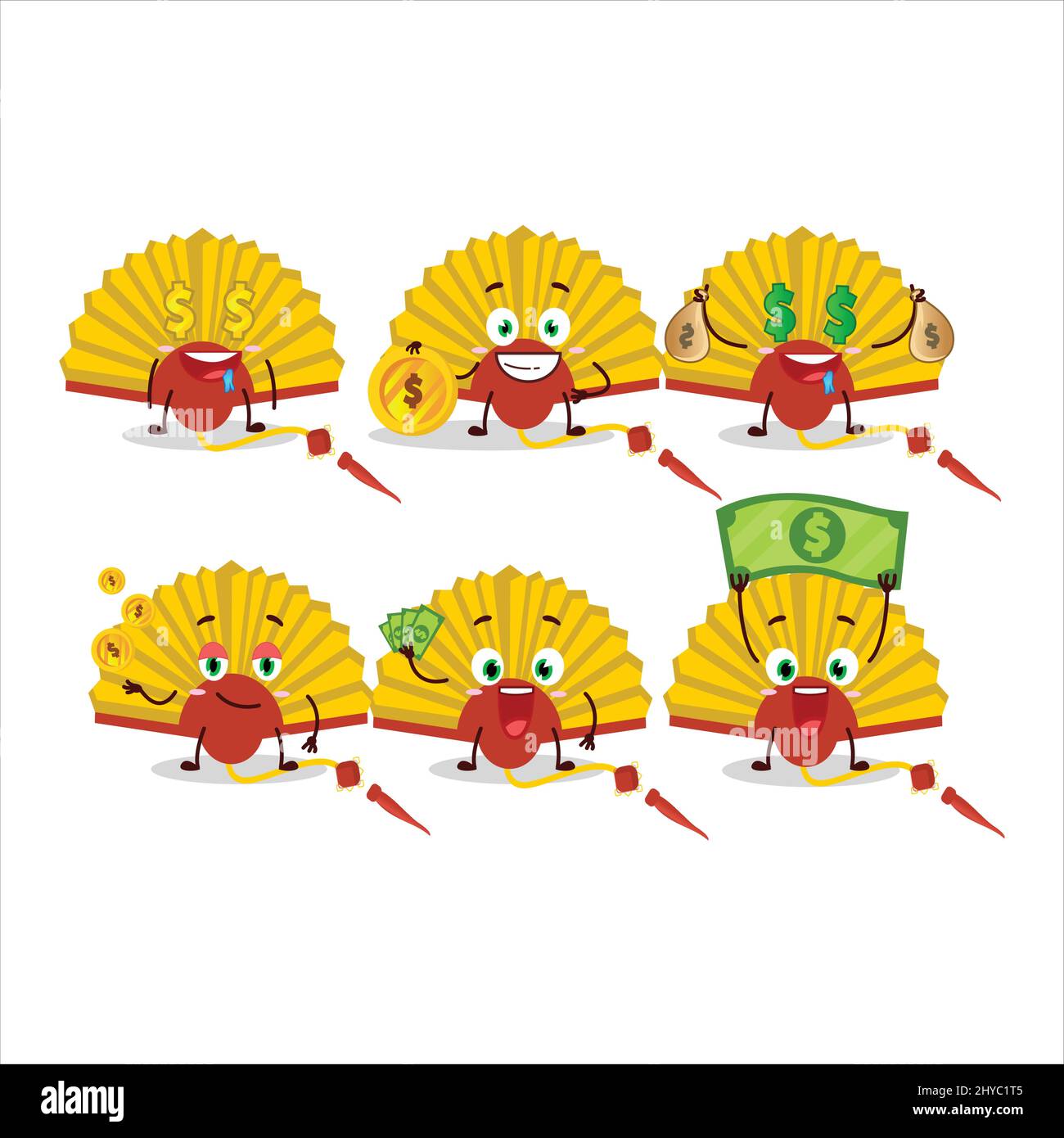 Yellow chinese fan cartoon character with cute emoticon bring money ...
