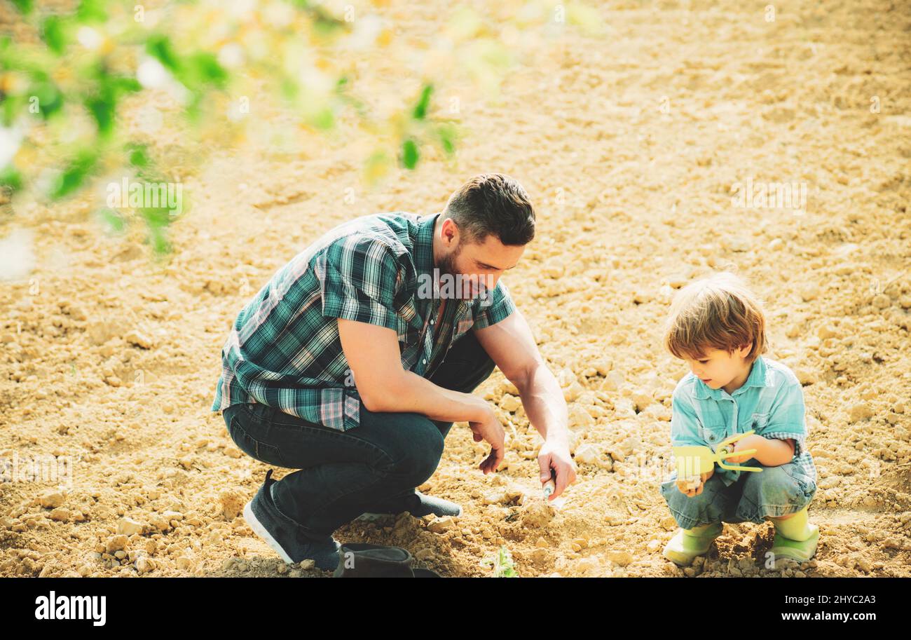 Happy young father planting a tree while his little son helping him ...