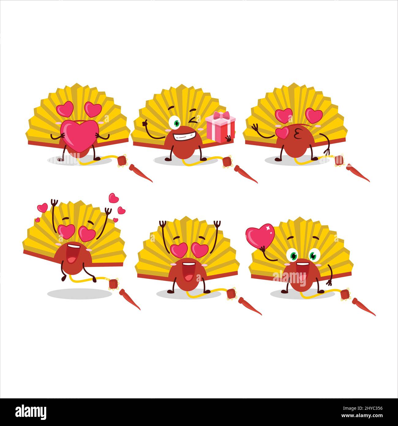 Yellow chinese fan cartoon character with love cute emoticon. Vector ...