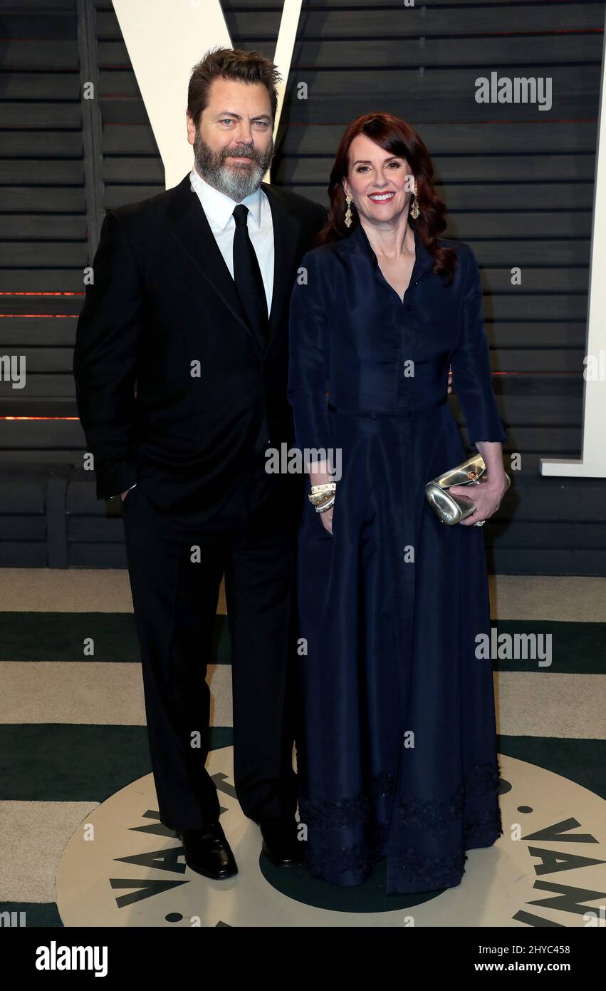 Megan Mullally and Nick Offerman at 2017 Vanity Fair Oscar Party hosted ...