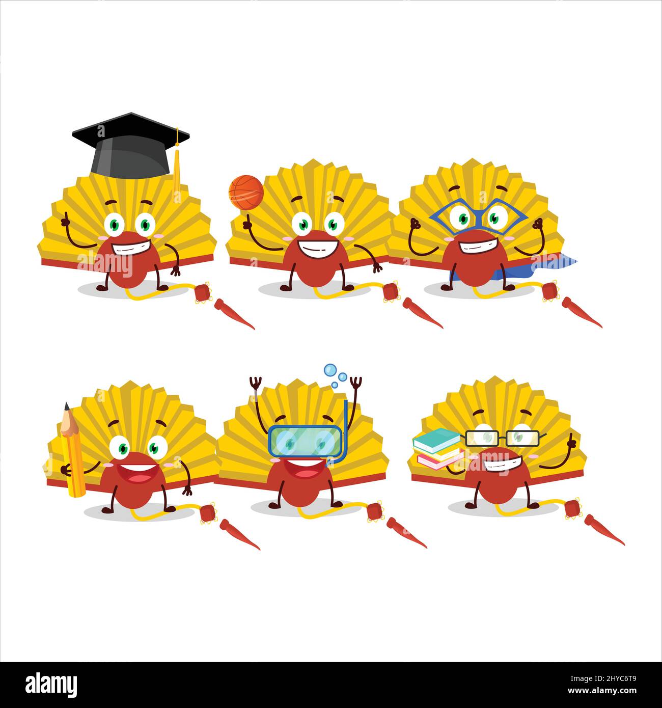 School student of yellow chinese fan cartoon character with various ...