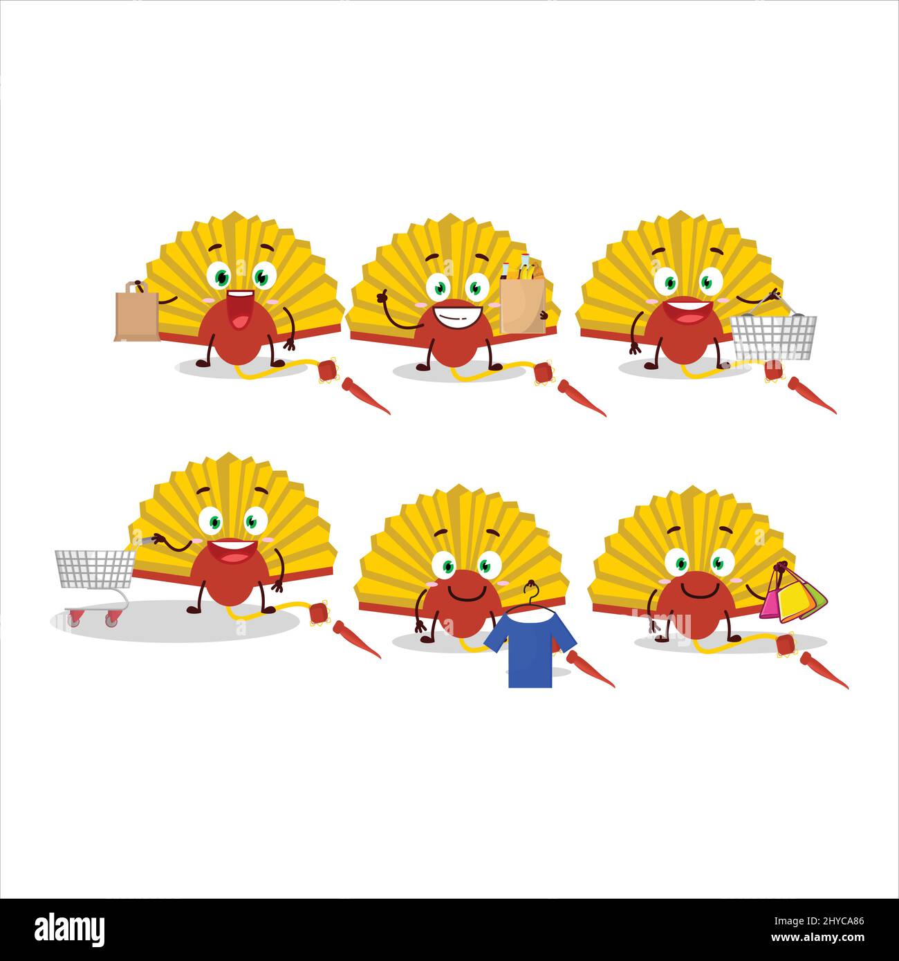 A Rich yellow chinese fan mascot design style going shopping. Vector ...