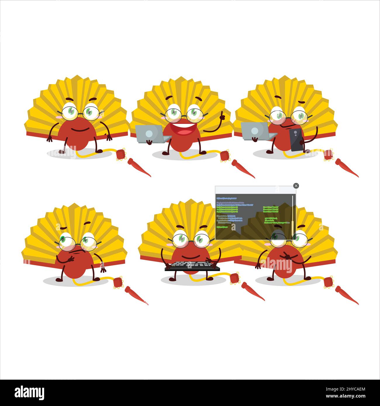 Yellow chinese fan Programmer cute cartoon character with. Vector ...