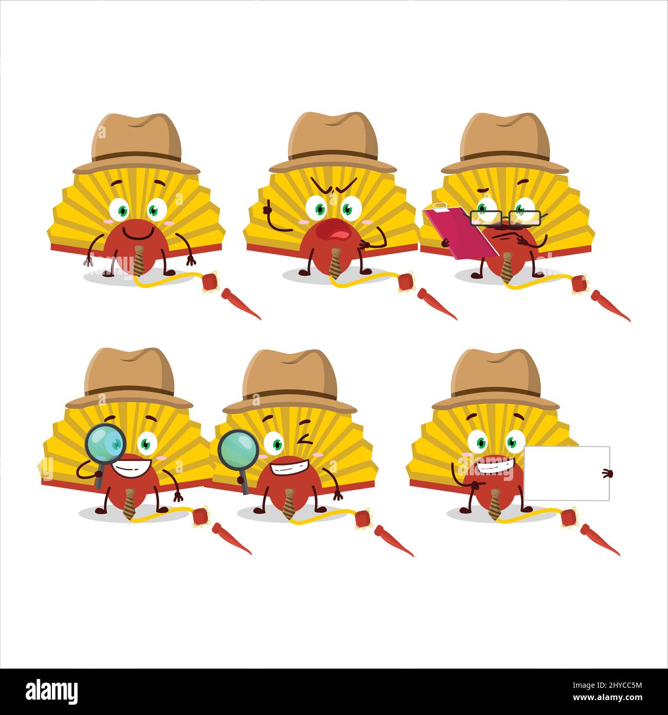Detective yellow chinese fan cute cartoon character holding magnifying ...