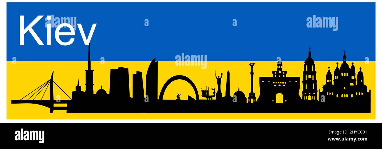 Kiev inscription and skyline of buildings against the backdrop of ...